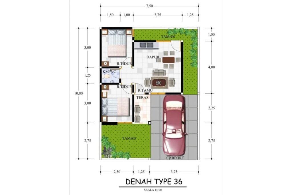 17 Inspirasi Denah Rumah Type 36, dari 2 Kamar hingga 3 Kamar Tidur