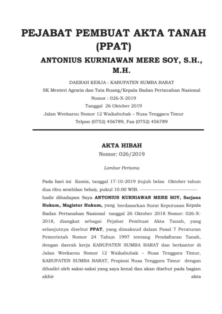 Contoh Akta Hibah PPAT yang Sah di Mata Hukum