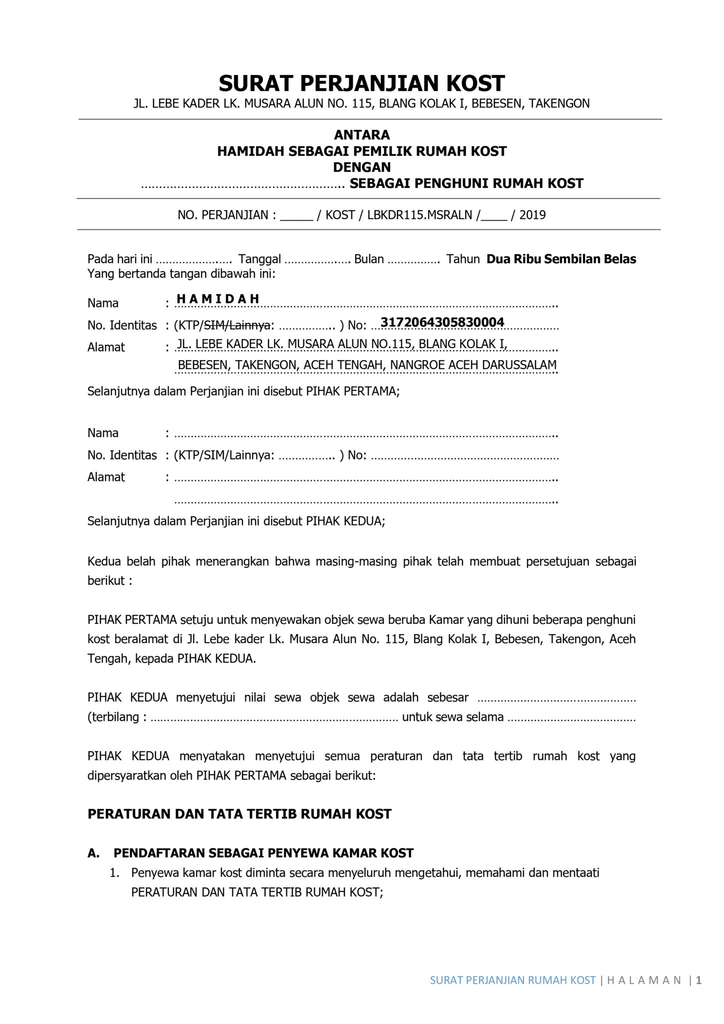 Contoh Surat Perjanjian Kost Bulanan yang Benar