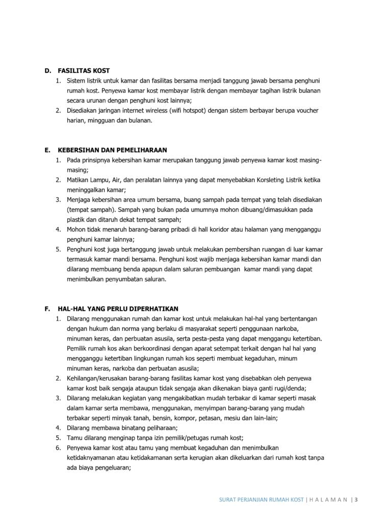 Contoh Surat Perjanjian Kost Bulanan yang Benar