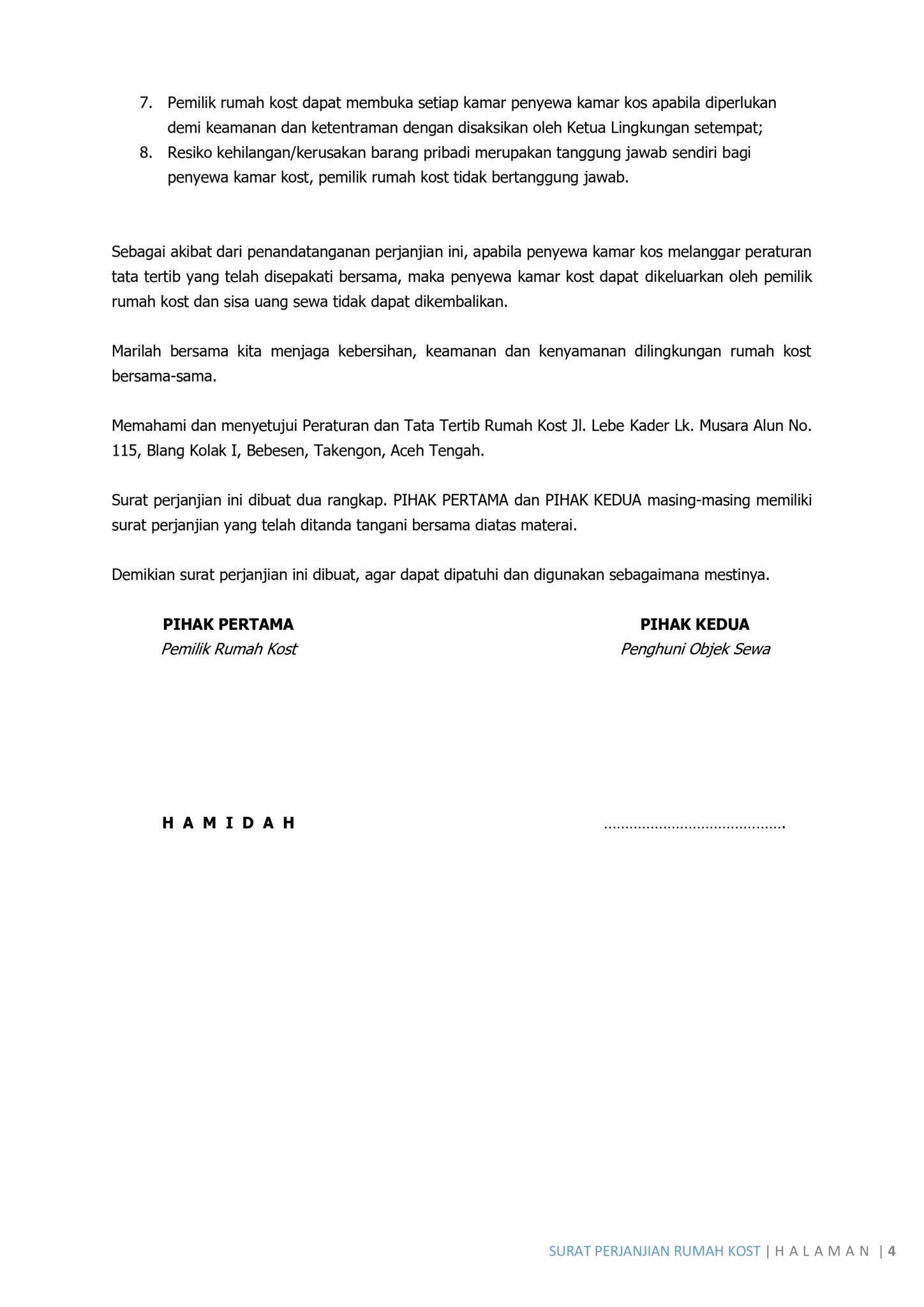 Contoh Surat Perjanjian Kost Bulanan yang Benar