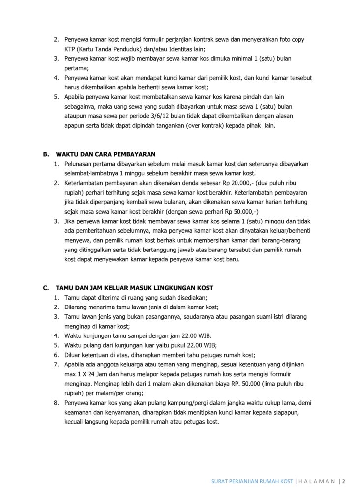 Contoh Surat Perjanjian Kost Bulanan yang Benar
