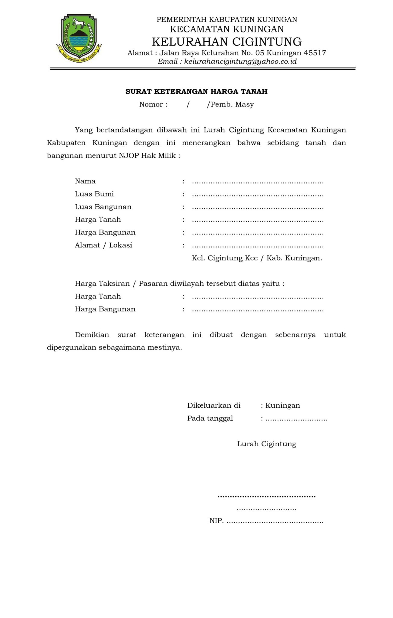 Contoh Surat Keterangan Harga Tanah dari Kelurahan