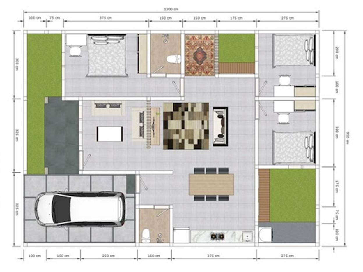 7 Denah Rumah 3 Kamar Teras Depan dan Samping yang Kekinian