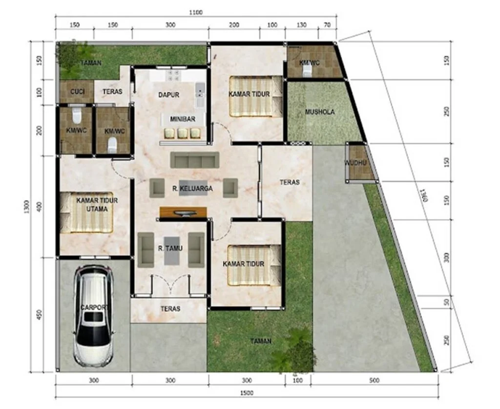 7 Denah Rumah 3 Kamar Teras Depan dan Samping yang Kekinian