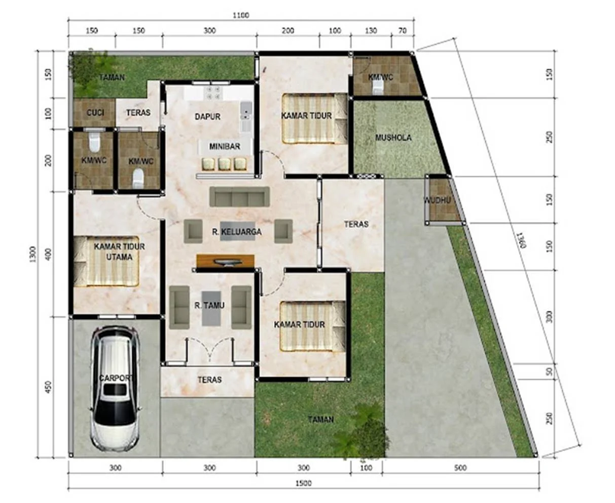 7 Denah Rumah 3 Kamar Teras Depan dan Samping yang Kekinian