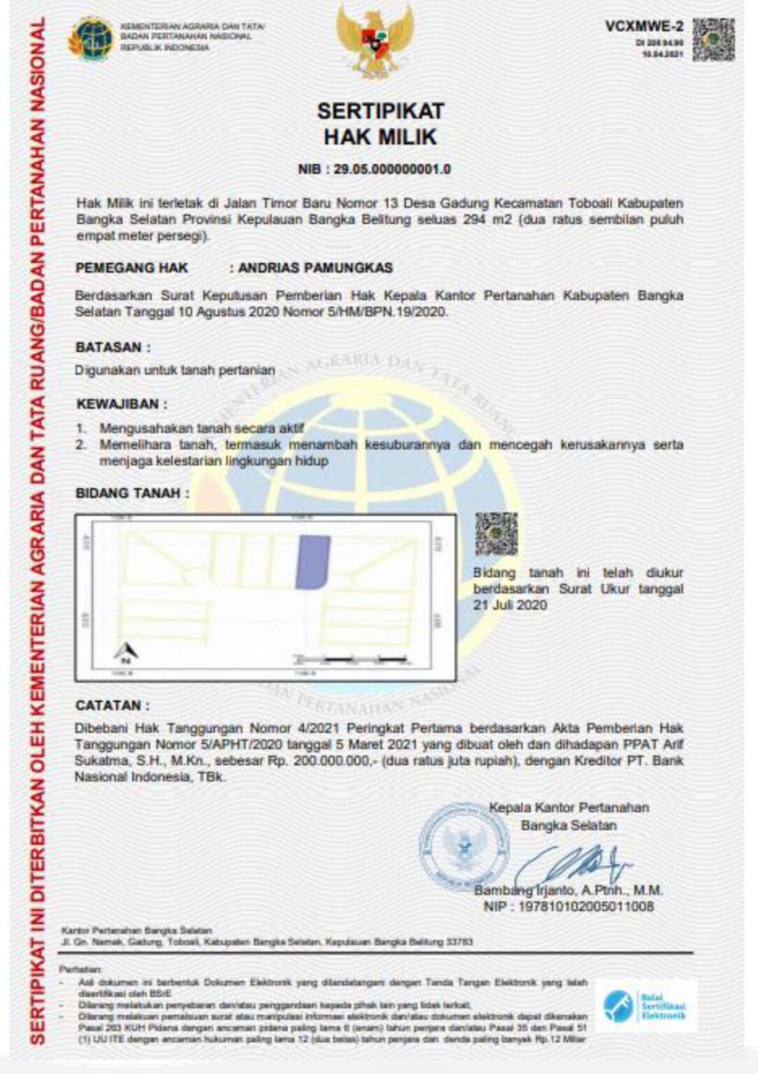 Contoh Sertifikat Tanah Elektronik dan Isinya