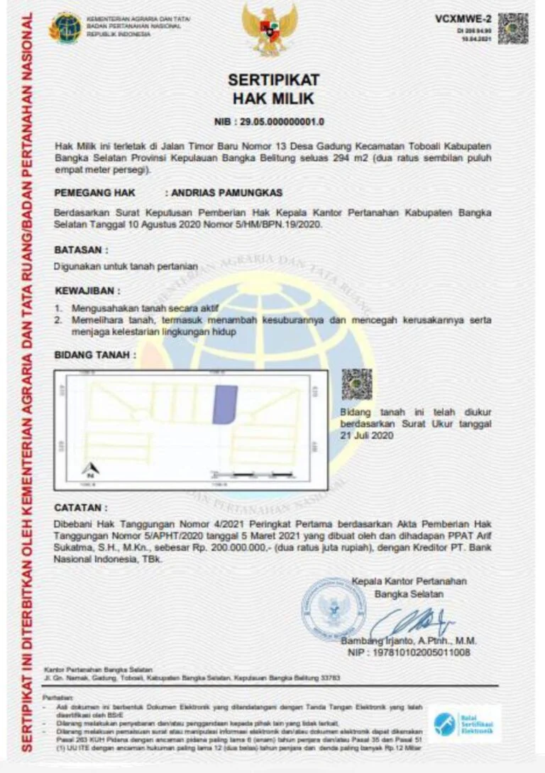 Contoh Sertifikat Tanah Elektronik dan Isinya