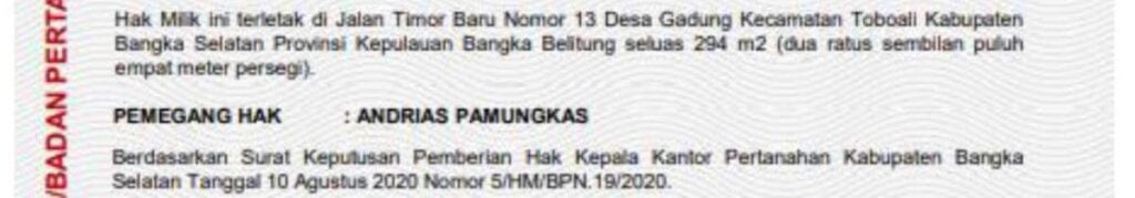 Contoh Sertifikat Tanah Elektronik dan Isinya