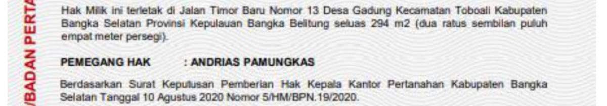 Contoh Sertifikat Tanah Elektronik dan Isinya