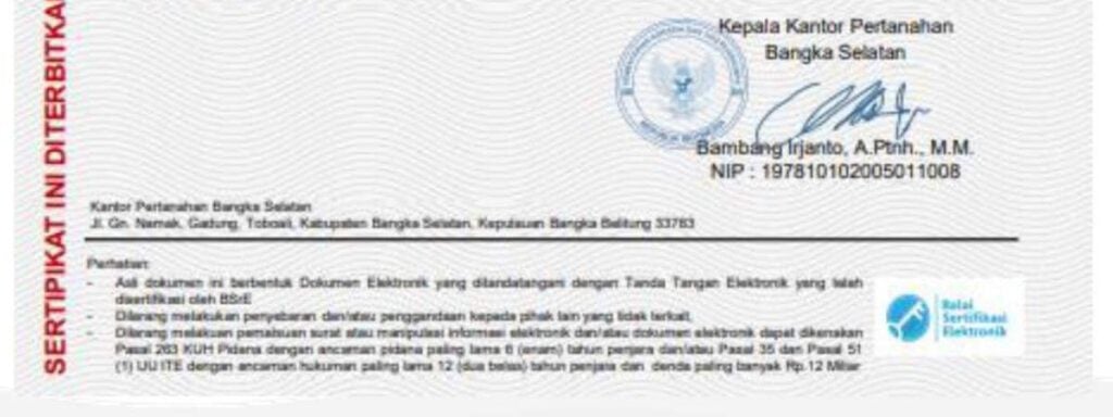 Contoh Sertifikat Tanah Elektronik dan Isinya