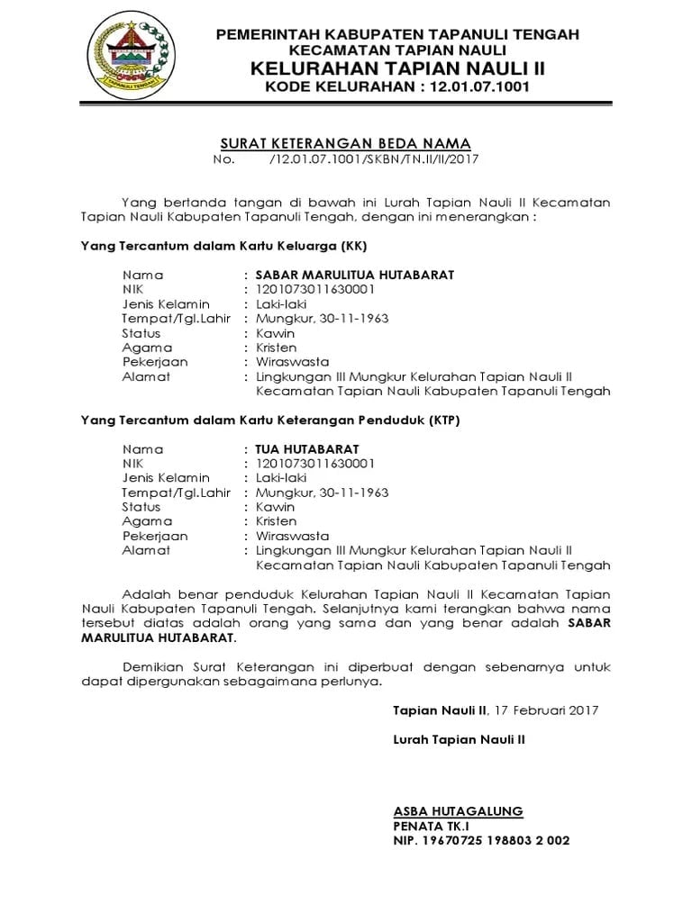 Contoh Surat Keterangan Beda Nama Sertifikat Tanah yang Benar