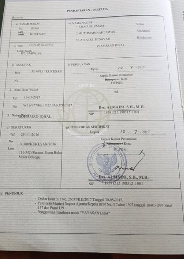 Contoh Sertifikat Tanah Wakaf Masjid dan Penjelasannya