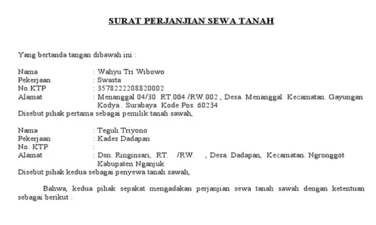 7 Contoh Surat Perjanjian Sewa Tanah. Download Formatnya!