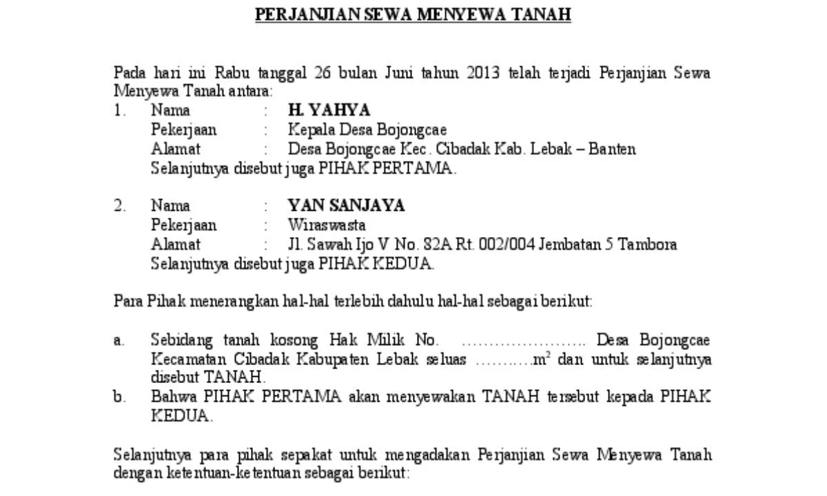 7 Contoh Surat Perjanjian Sewa Tanah. Download Formatnya!