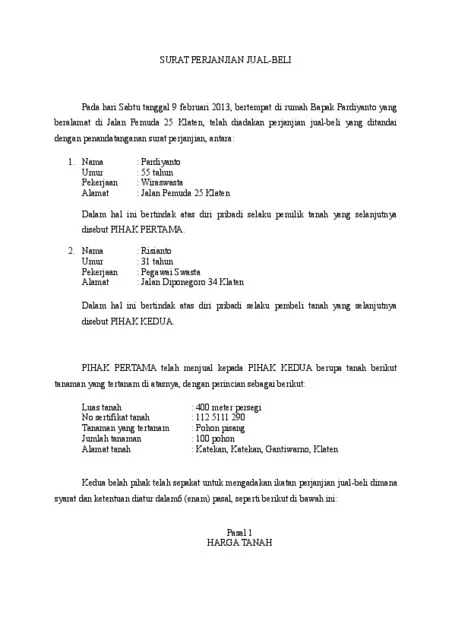 Contoh Surat Perjanjian Jual Beli Tanah Girik