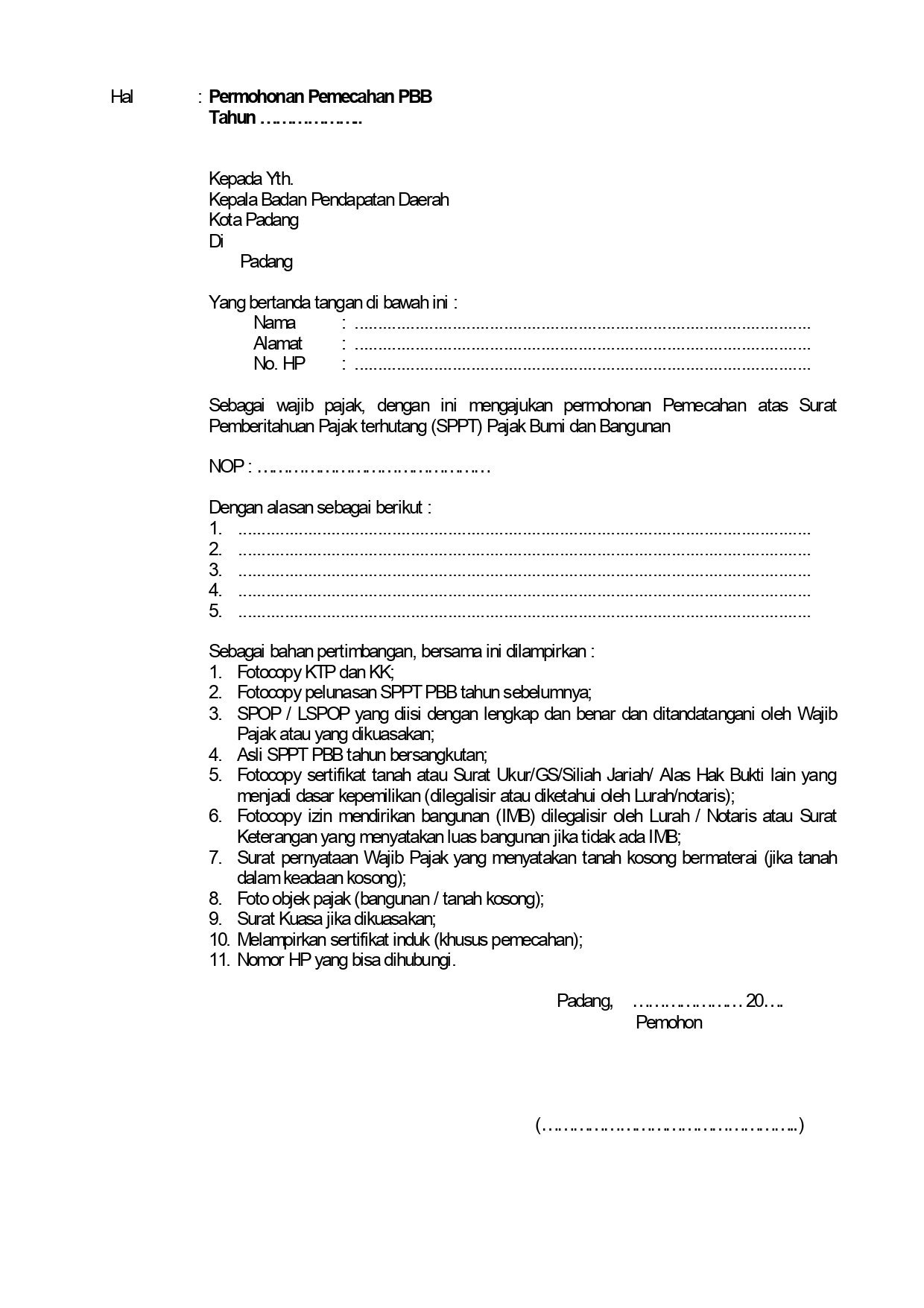 5 Contoh Surat Permohonan Pecah PBB (PDF dan Doc)